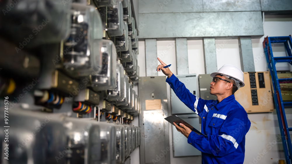 Electrical maintenance engineer is checking .Electricity meter, main ...