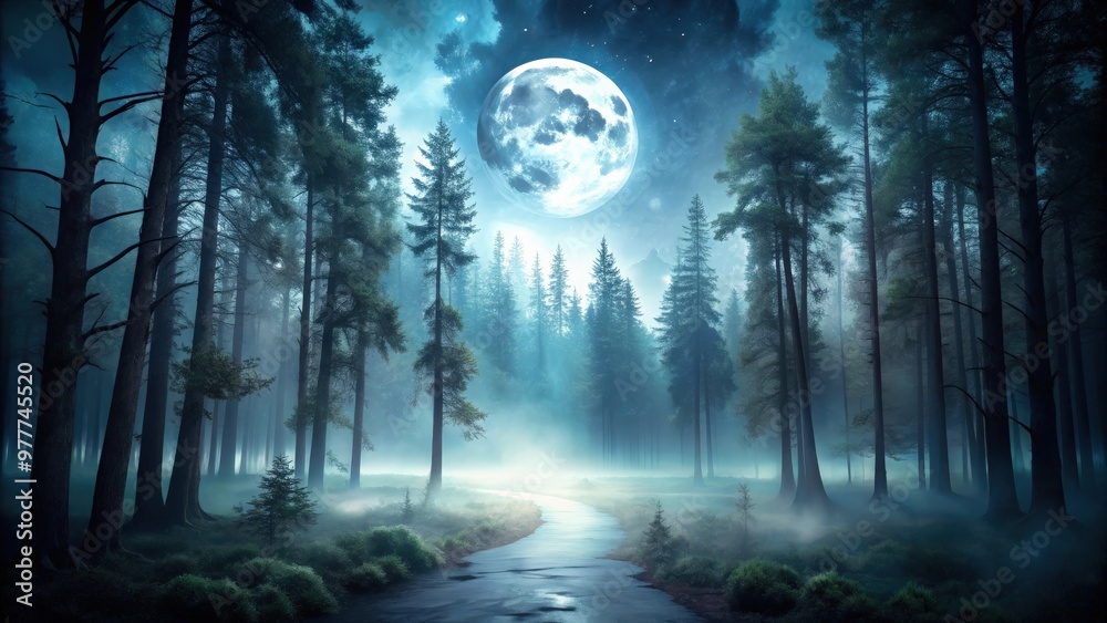 Dark and eerie forest scene with towering trees, a big moon shining ...