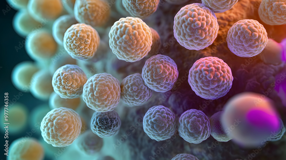 Staphylococcus aureus, Cluster of spherical bacteria magnified under a ...