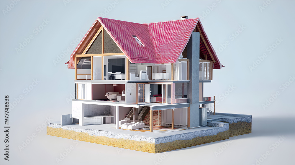 3D cutaway model of a house showing areas under inspection, such as ...