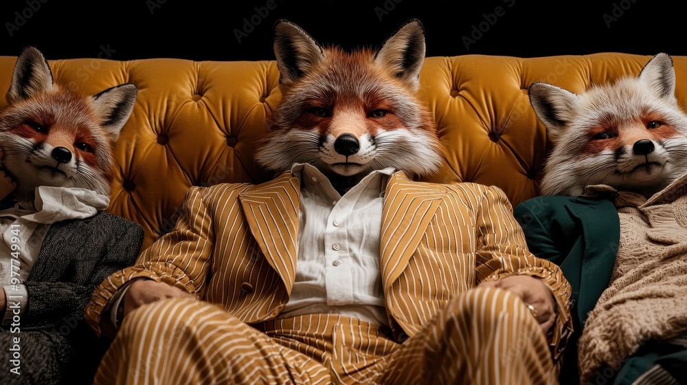 A group of foxes dressed in suits are shown seated on a yellow, tufted ...
