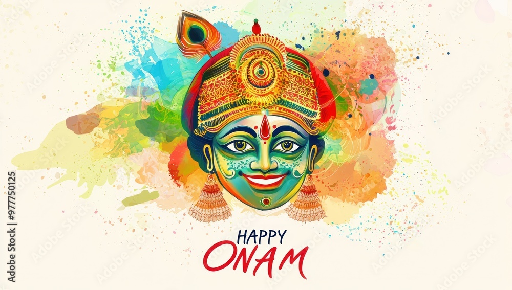 Vector illustration of the happy Onam festival with a Kathakali mask in ...