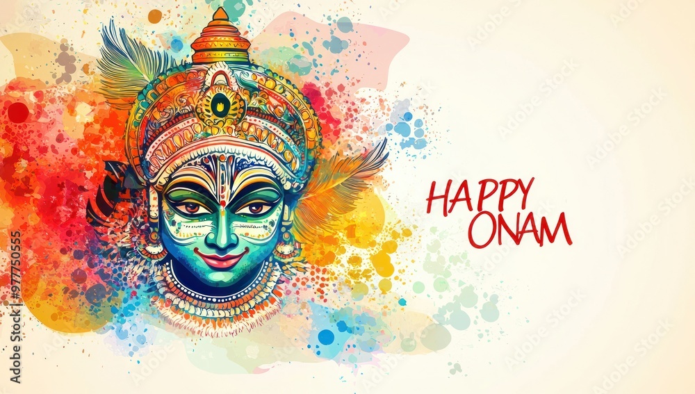 Vector illustration of the happy Onam festival with a Kathakali mask in ...