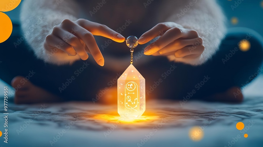 Person using a pendulum over a glowing crystal with zodiac reflections, unique divination ...