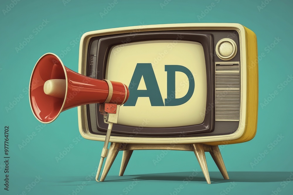 Vintage TV Displaying Advertisement with Megaphone on a Colorful ...