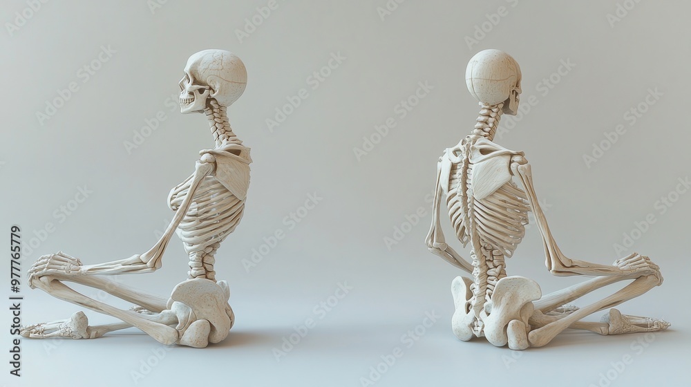 Two human skeleton models sitting back-to-back in a yoga pose. Stock ...