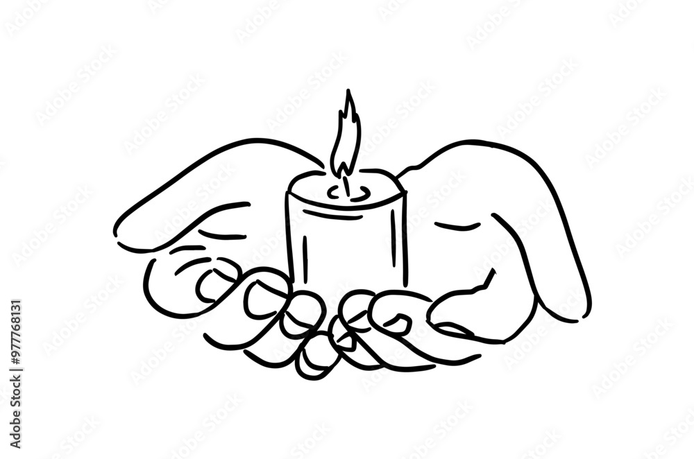 Candle in hands prayer. a religious symbol of faith in God. hand drawn ...