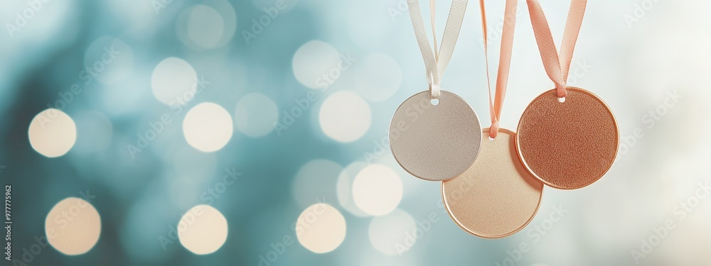 Three different metal winners medals on ribbons on a light coloured ...