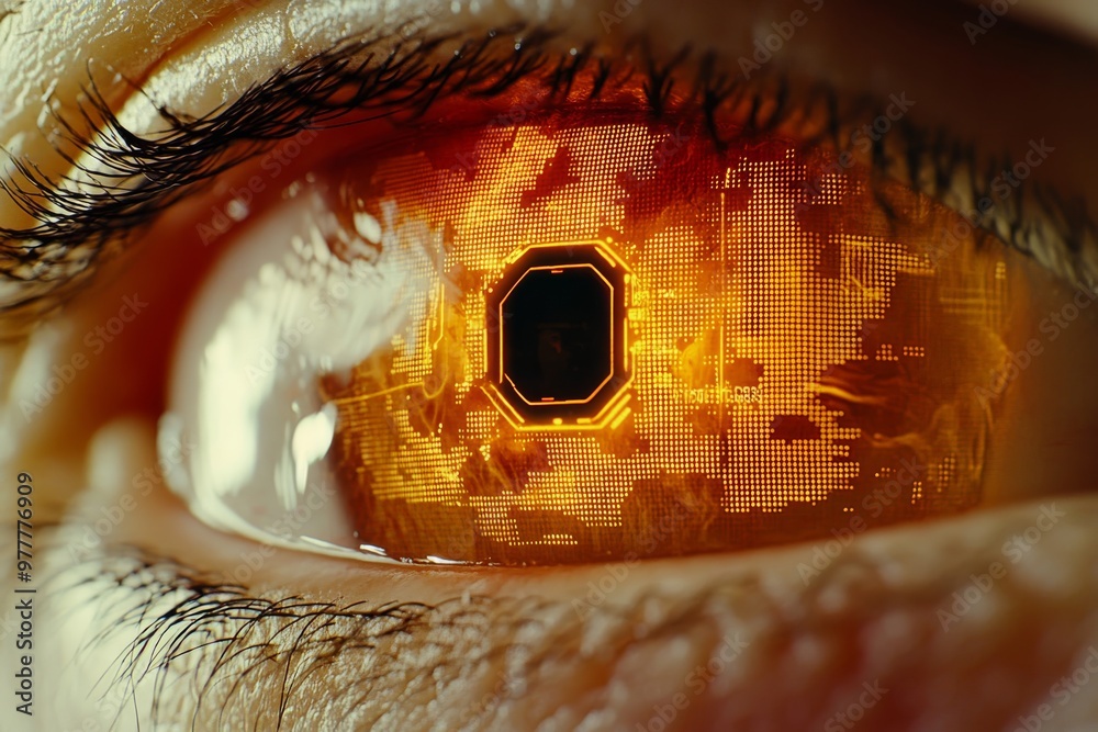 Extreme close up of an eye with golden circuit reflection symbolizing ...
