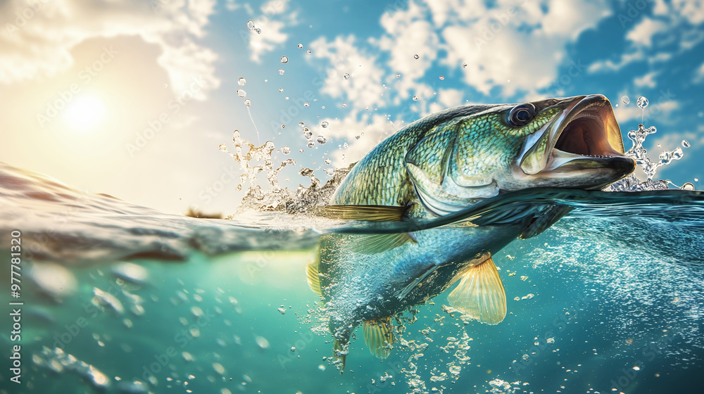 Largemouth bass jumping out of water, sunlight, action, splash, blue ...