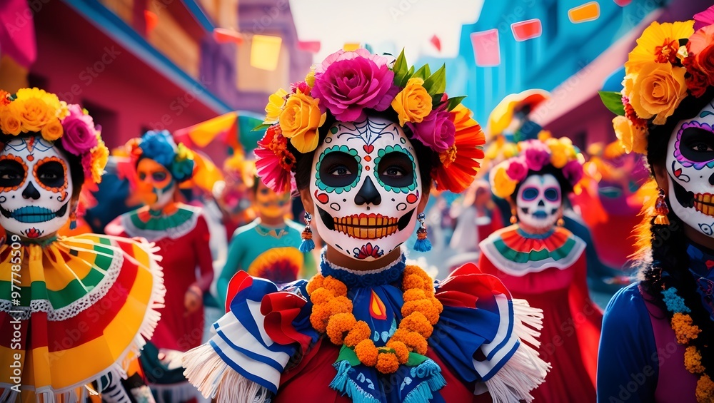 An Day of the Dead celebration, using vibrant colors and bold shapes to ...