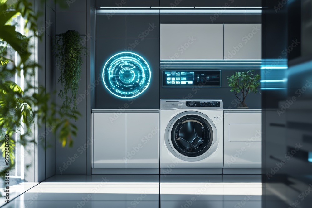 Futuristic 3d laundry room featuring advanced washing machine and ...