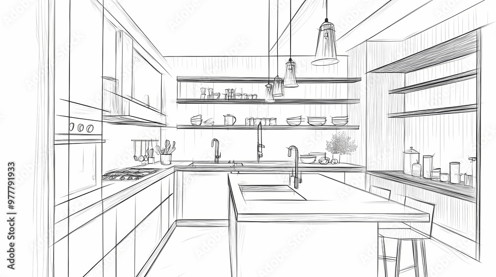 Hand-drawn sketch of a modern kitchen interior design with an island ...