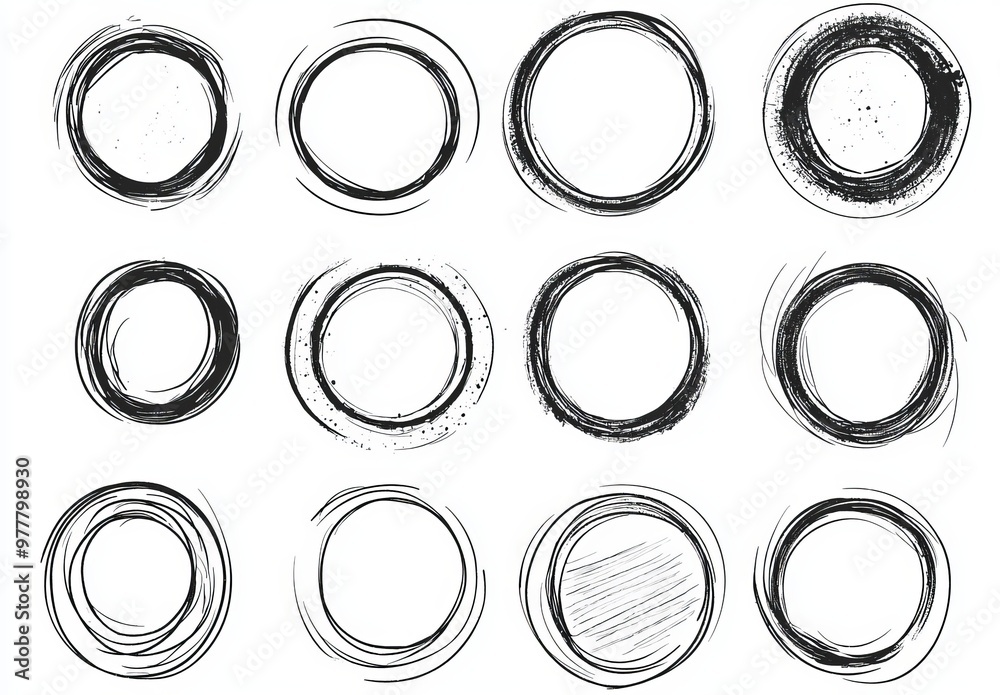 Sketch of a circle drawn by hand using lines. Collection of circles ...