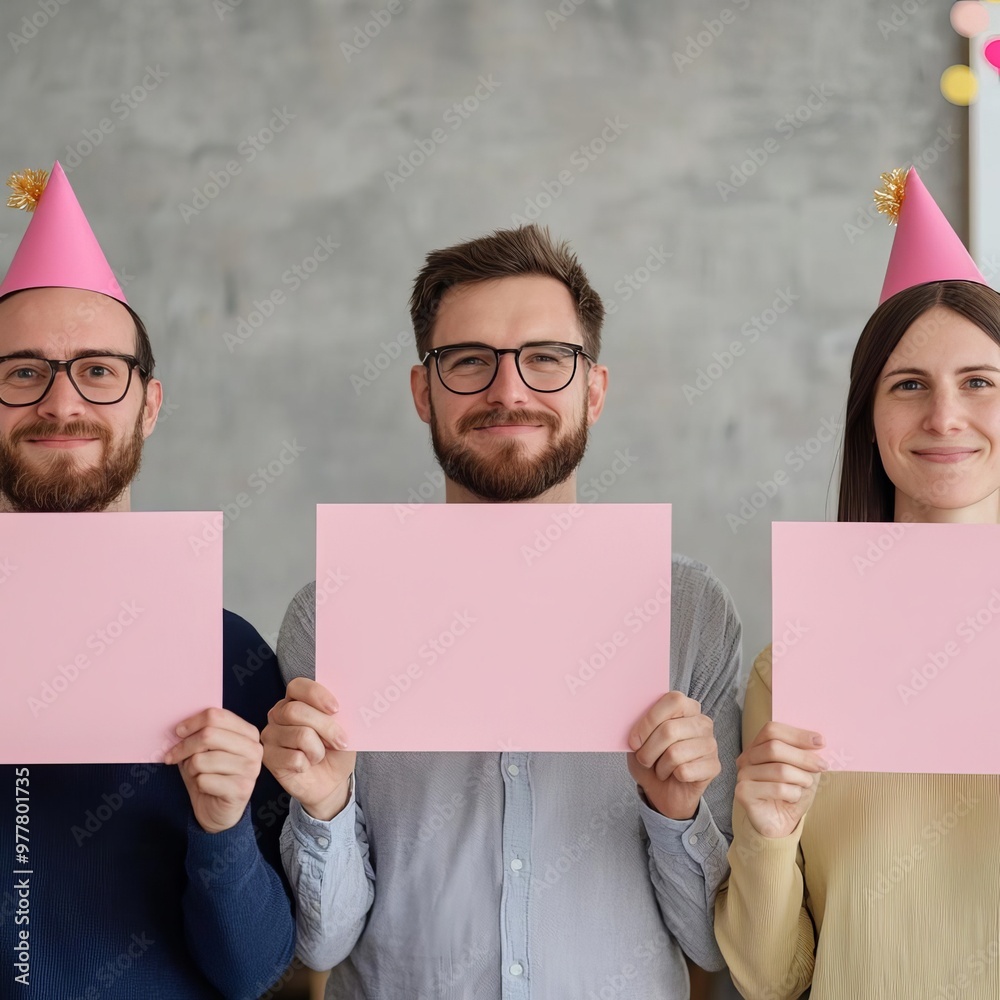 Colleagues in an online meeting room, holding signs with Happy Work ...