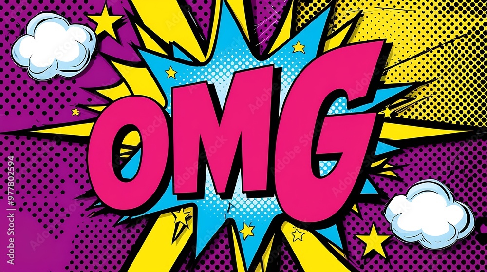 Bold 'OMG' text in a playful comic layout, surrounded by yellow stars ...