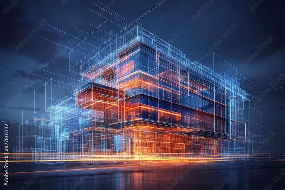 Digital blueprint of an office building with holographic elements and ...