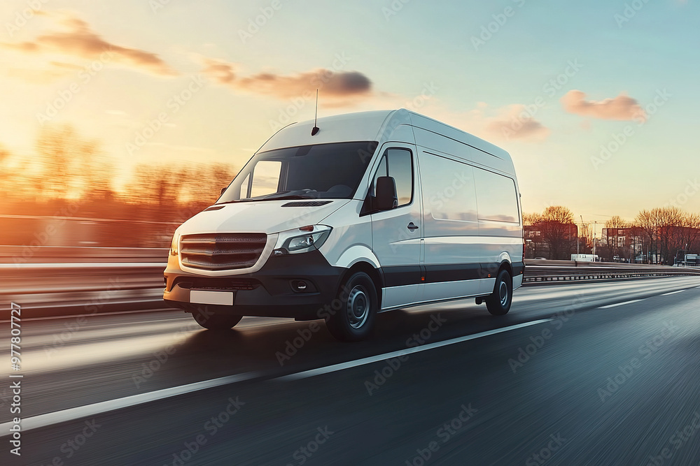 White modern delivery small shipment cargo courier van moving fast on ...