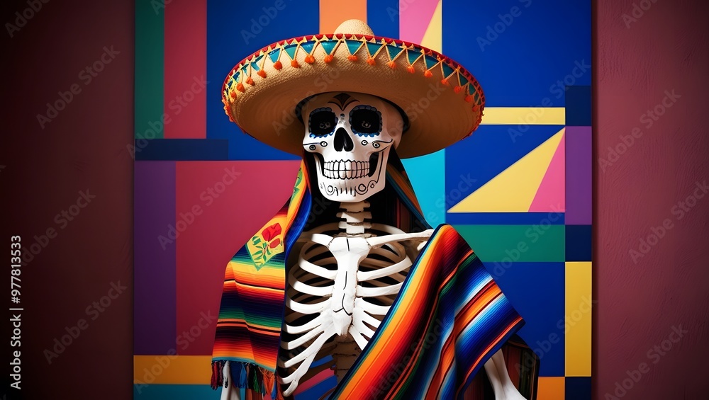 A cubist portrait of a skeleton wearing a traditional sombrero and a ...