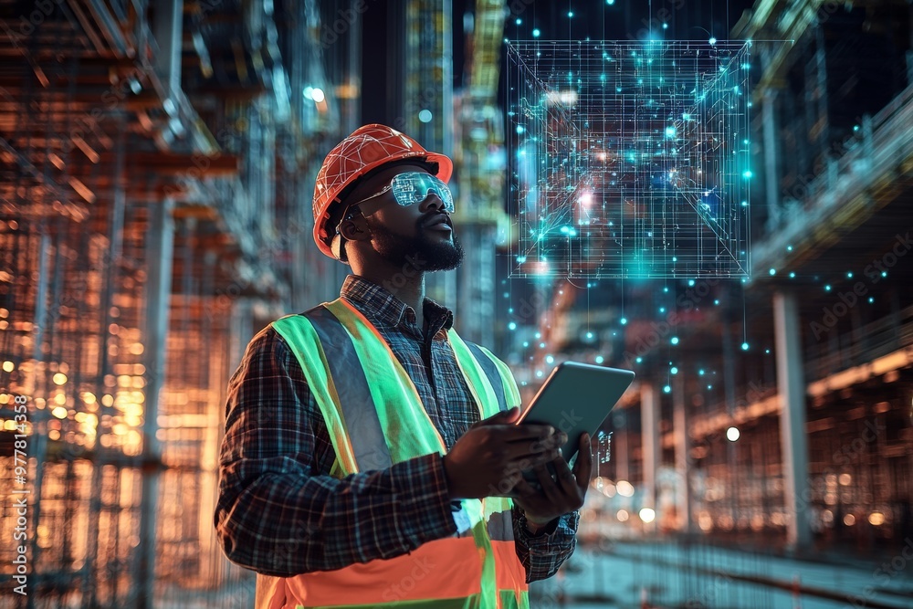 Black construction worker with ipad at modern site featuring a digital ...