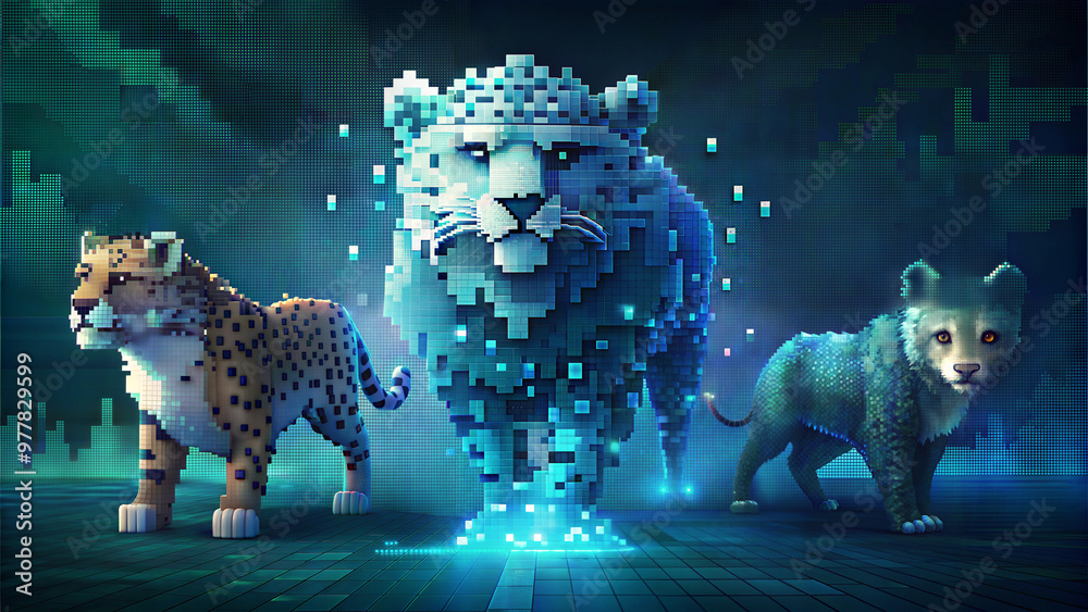 Pixelated wildlife trio, digital endangered species, pixelated big cats ...