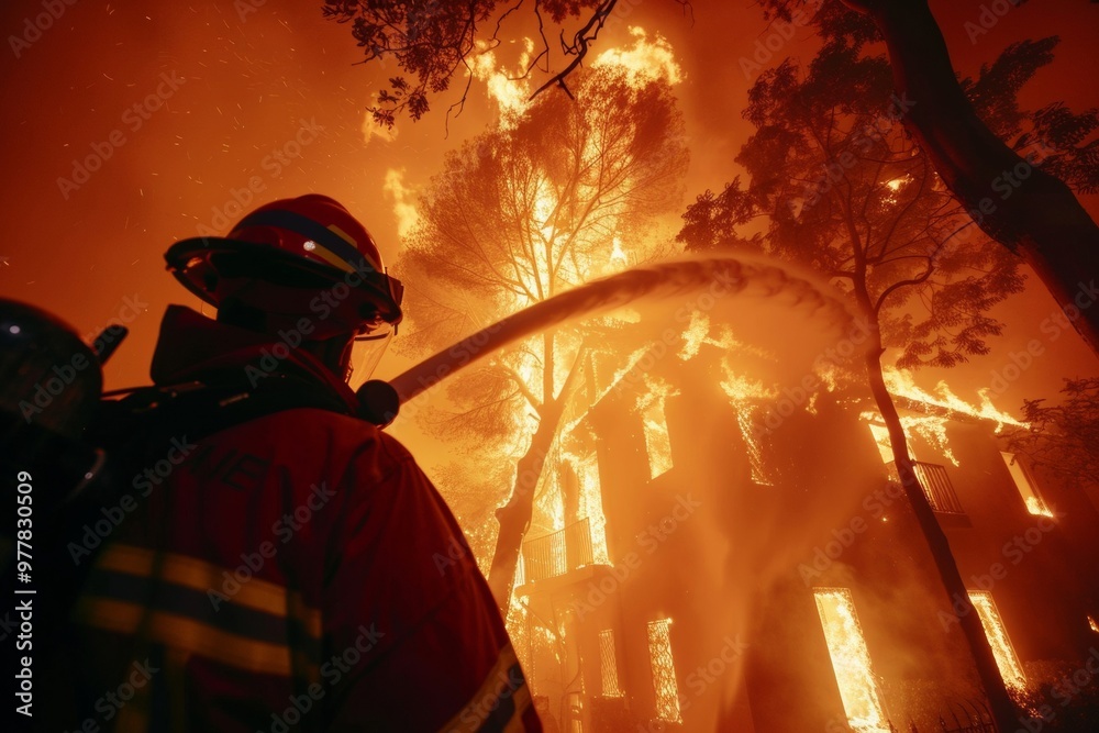 A Photography of A fire truck and firefighters battling a wildfire ...