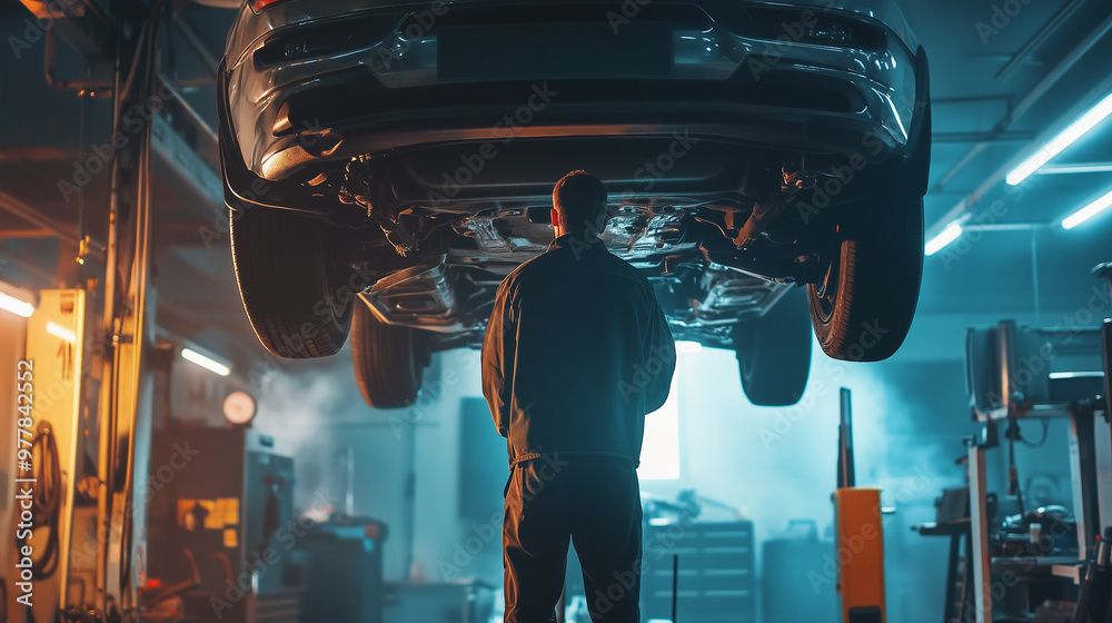 Mechanic Working Under a Lifted Car in a Workshop Stock Photo | Adobe Stock