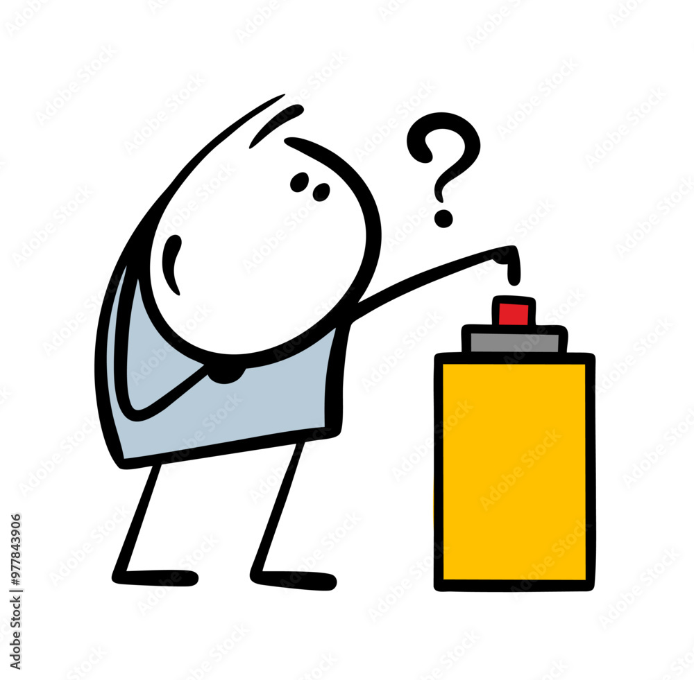 Funny stickman presses a big red button. Vector illustration of a ...