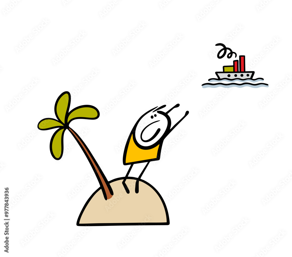 Unfortunate stickman, a shipwreck victim, lives on a desert island ...