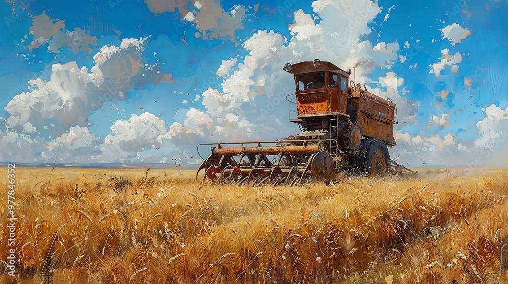 An old, rustic farm vehicle stands in the middle of a wheat field under ...