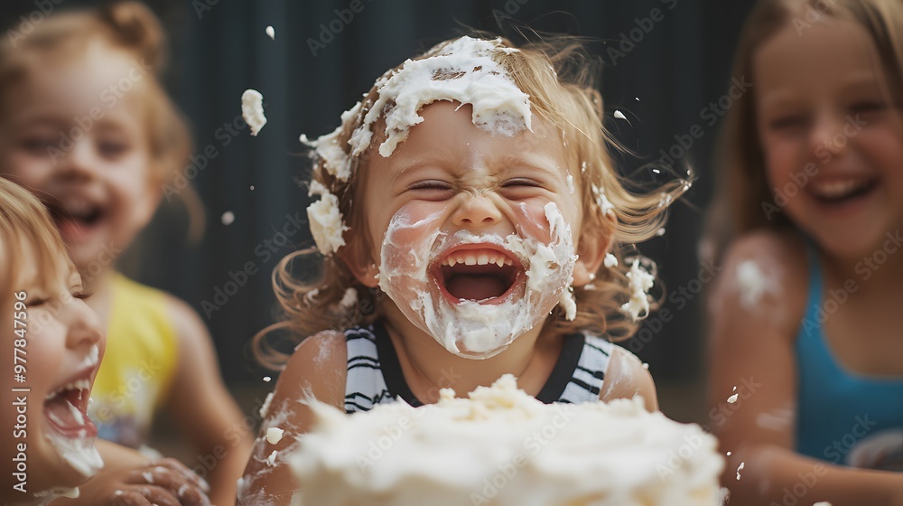A birthday child laughing with friends as they smash a cake in their ...