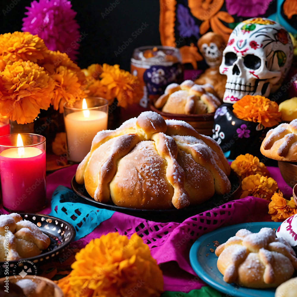 ภาพประกอบสต็อก Ofrenda del día de muertos tradicional de México, con ...