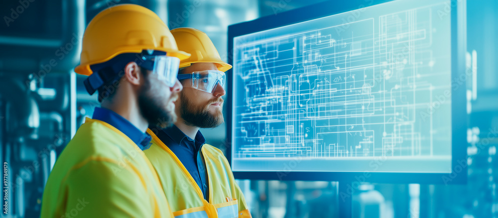 Two engineers wearing safety gear, collaborating in front of a screen ...