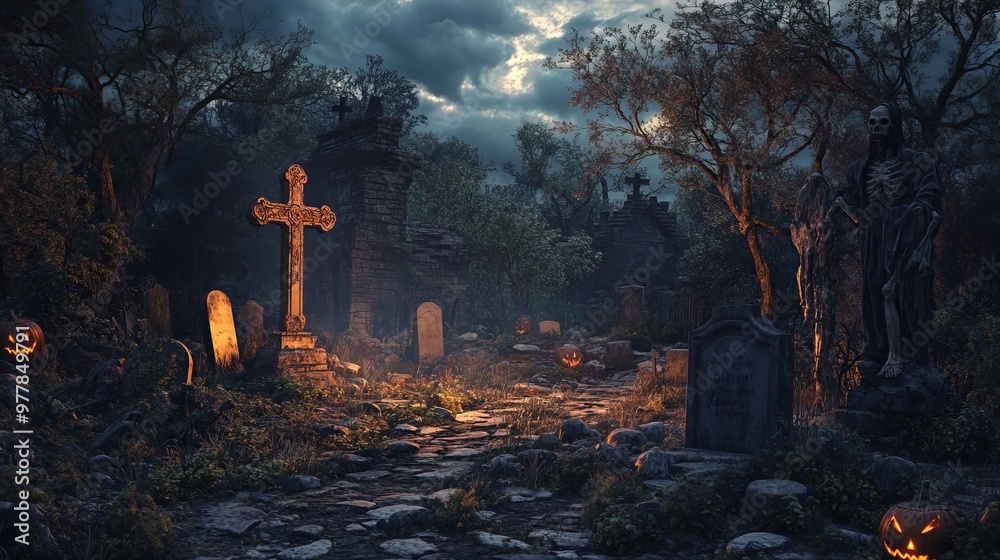Spooky Halloween setting with zombies and the undead in a graveyard ...