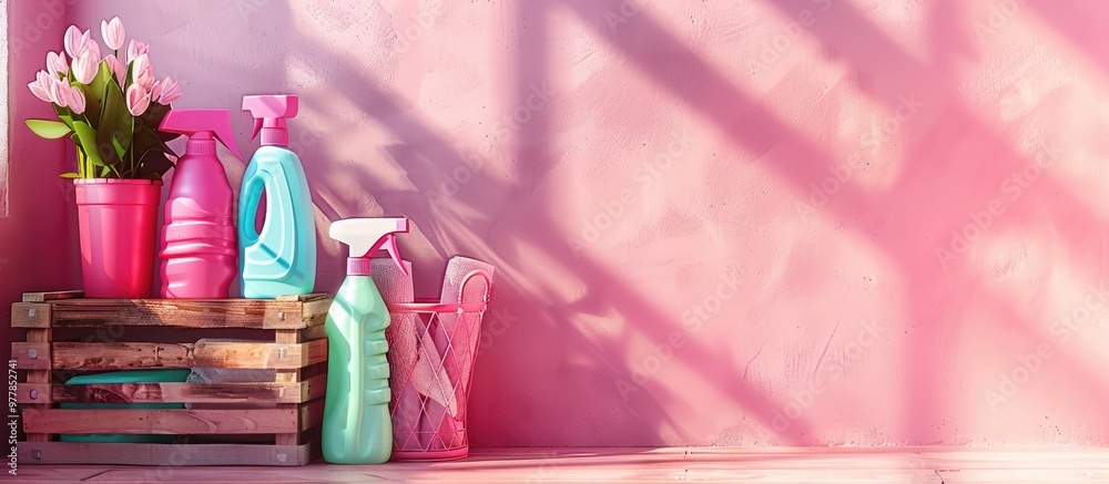Pink wooden crate containing various household cleaning supplies on a ...