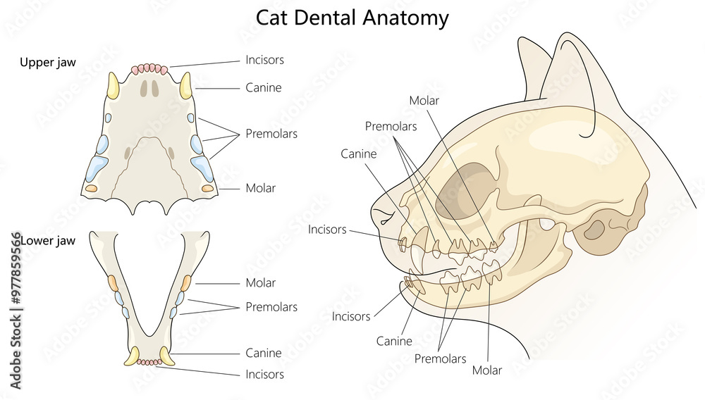 cat dental anatomy, showing labeled incisors, canines, premolars, and ...