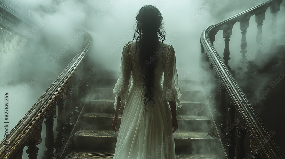 Ghostly woman on the stairs, shrouded in fog and mist, wearing a long ...