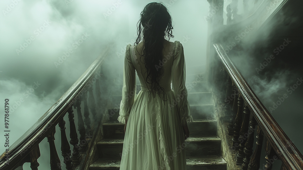Ghostly woman on the stairs, shrouded in fog and mist, wearing a long white dress in a Victorian ...
