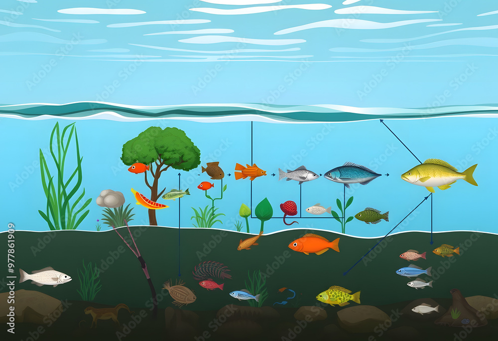 Food Chain in Aquatic Ecosystem with fish Stock Illustration | Adobe Stock