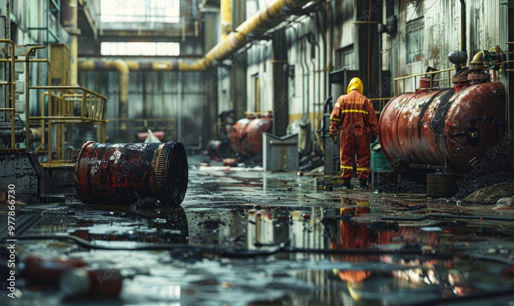 Toxic chemical spill in a factory, with hazardous materials Stock Photo ...