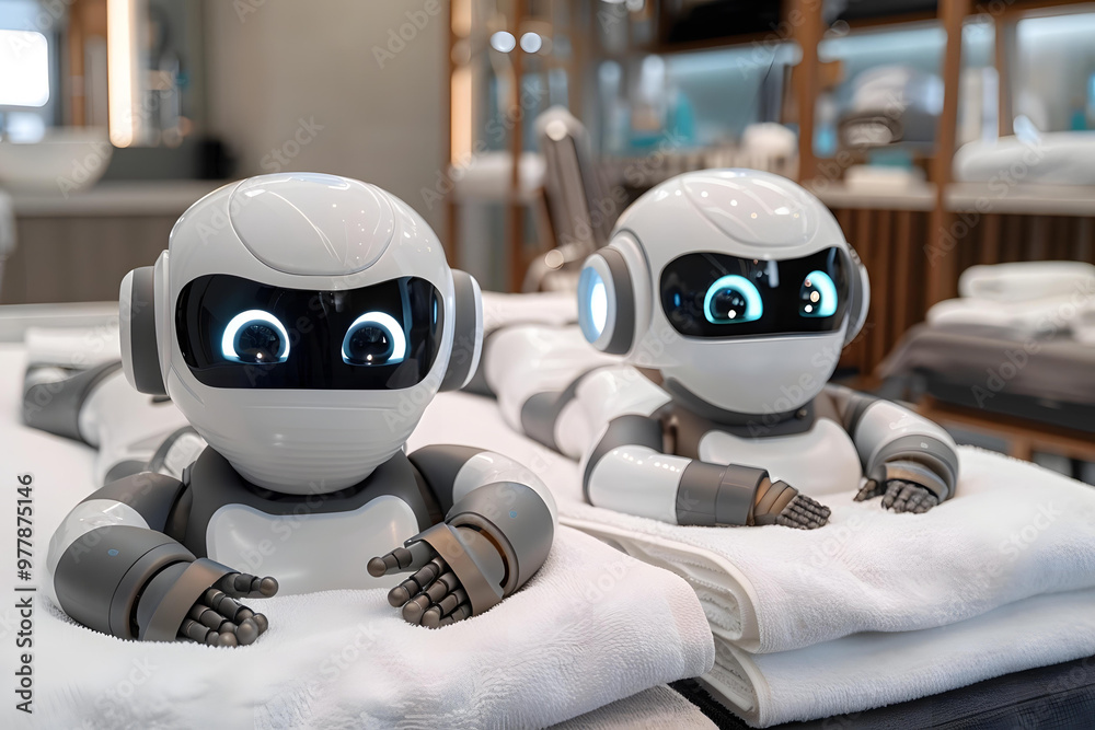 Humanoid robot and humanoid robot in face masks lying back on clean ...