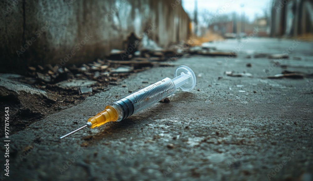 Discarded syringe lying on a gritty urban ground, indicating drug use ...