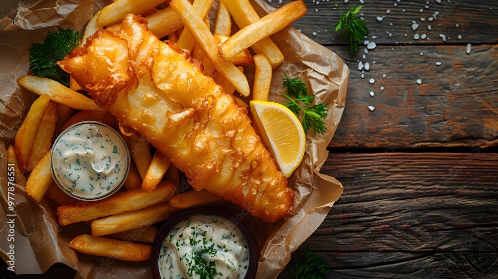 Golden battered fish with crispy fries, lemon, and dipping sauce ...