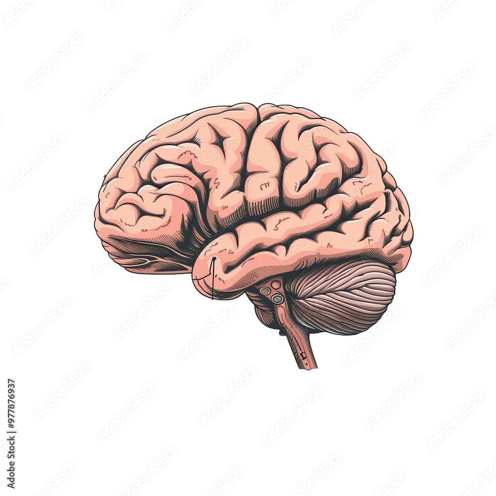 Detailed illustration of a human brain from the side, showing the ...