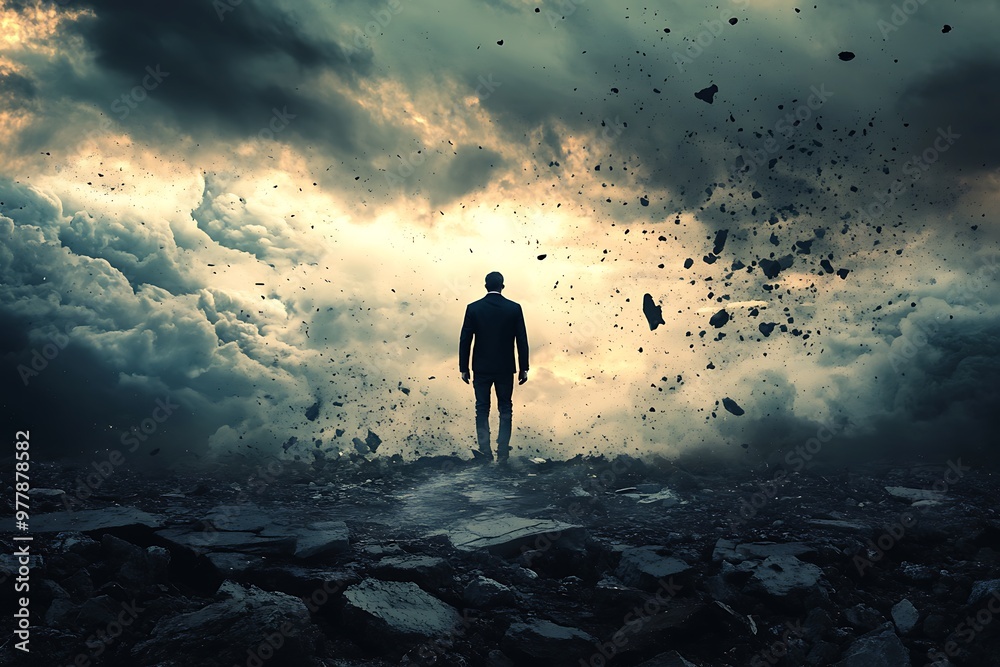 Silhouette of man standing in a surreal apocalyptic landscape with ...