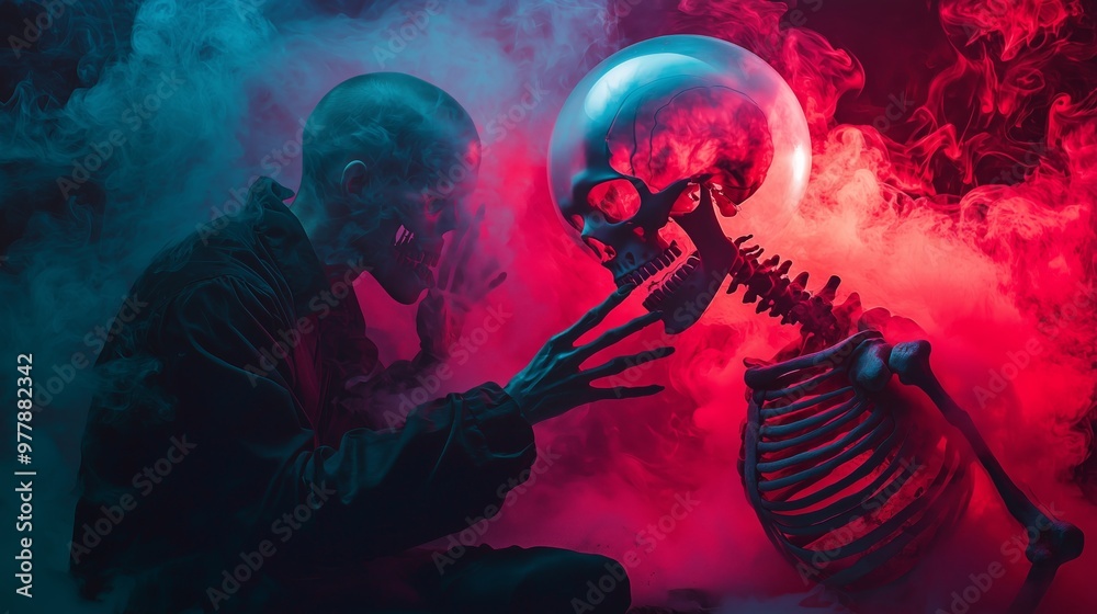 Illustration of a male figure sitting with a translucent sphere ...