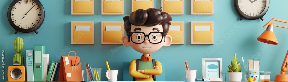 Adorable 3D cartoon student practicing the Eisenhower Matrix method to ...