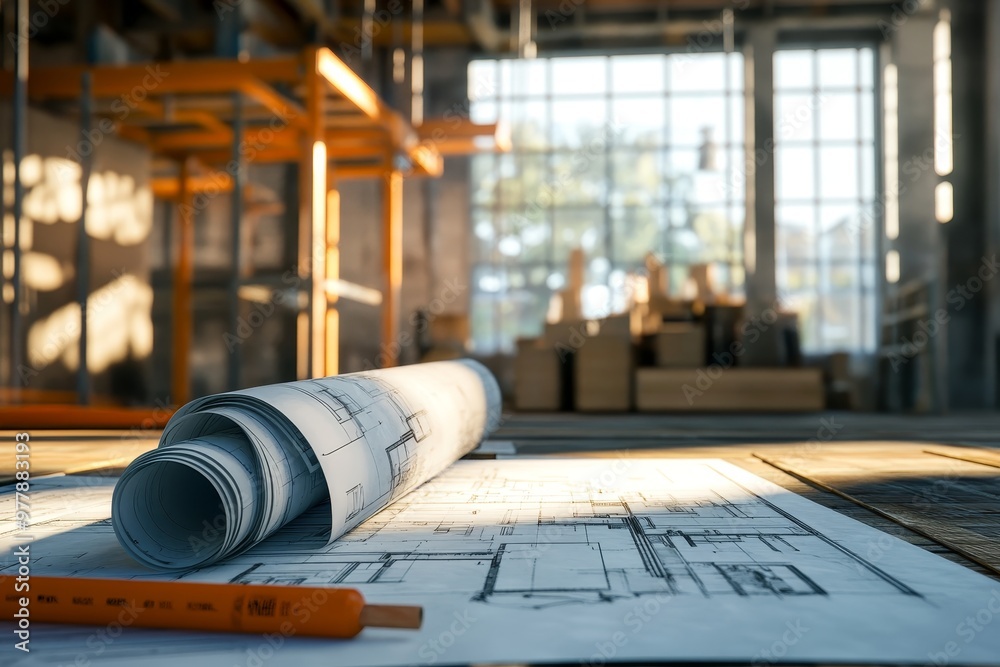 Construction project planning with detailed blueprints and 3d ...