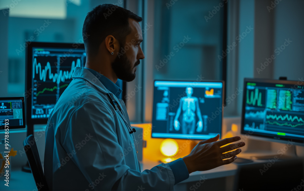 Neurologist examines an MRI and CT scan of a human body on a large ...