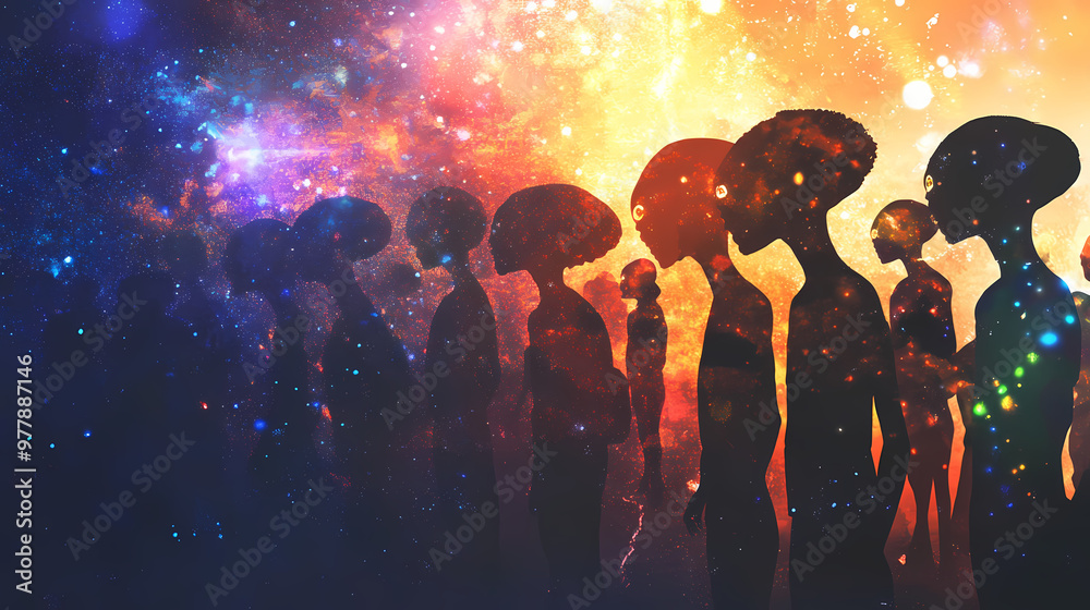 Atmospheric portrait of a group of alien beings from another planet ...